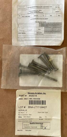 MAC FASTENERS AN3C15 Aircraft Bolts Traceable Docs